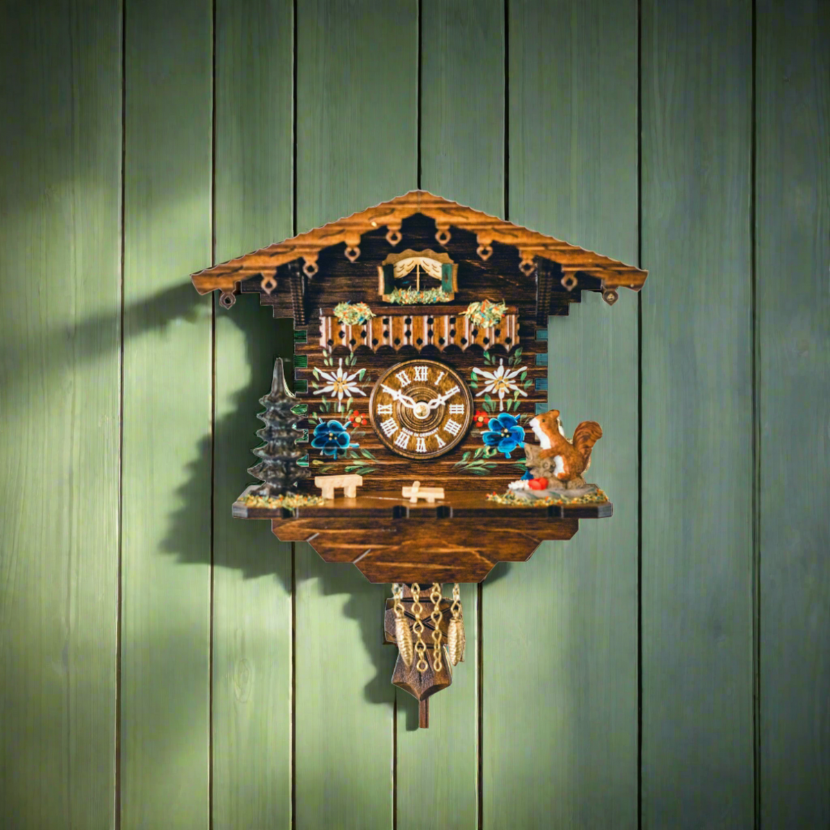 Handcrafted German Edelweiss Wooden Cuckoo Clock with Squirrels ...